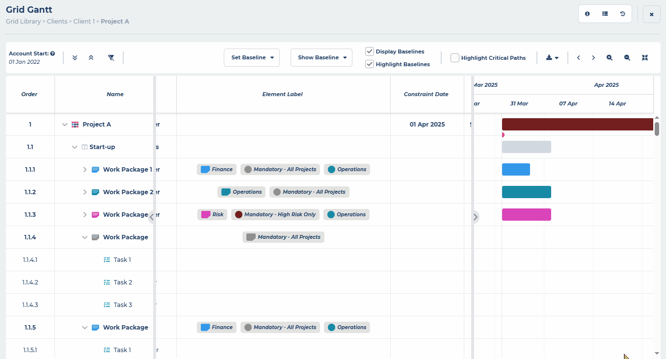 How do I add/manage labels within a Gantt chart?