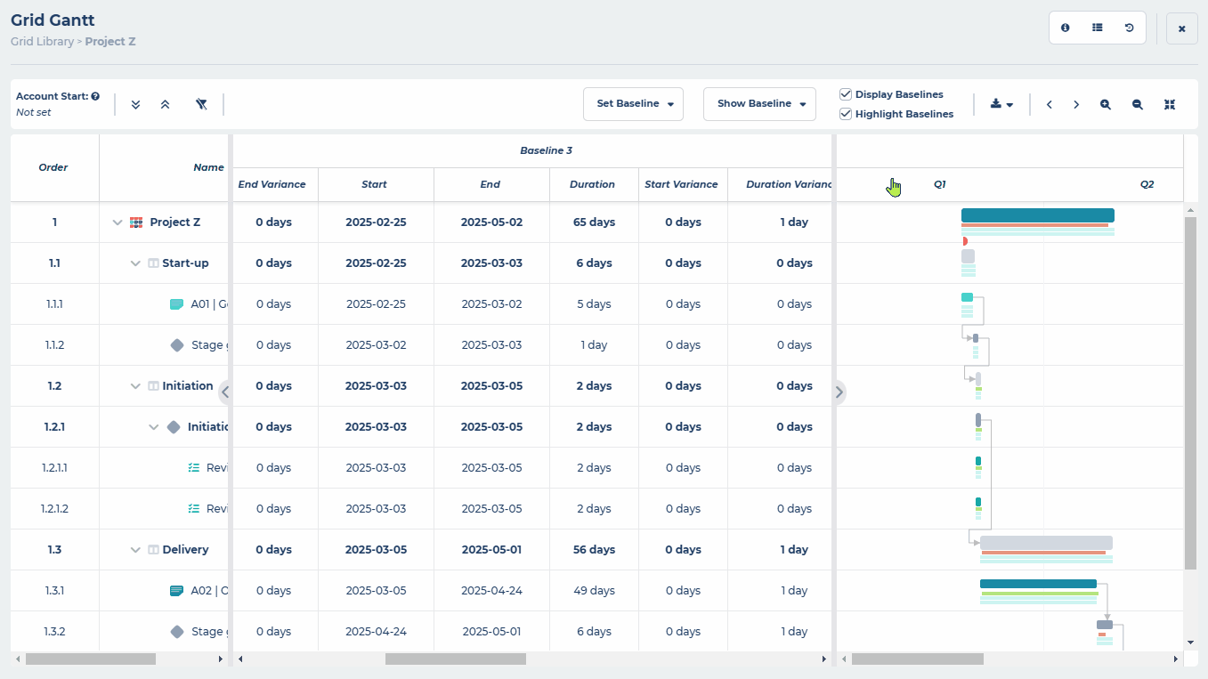 How do I display baselines in the Gantt chart? How do I display baselines in the Gantt chart?