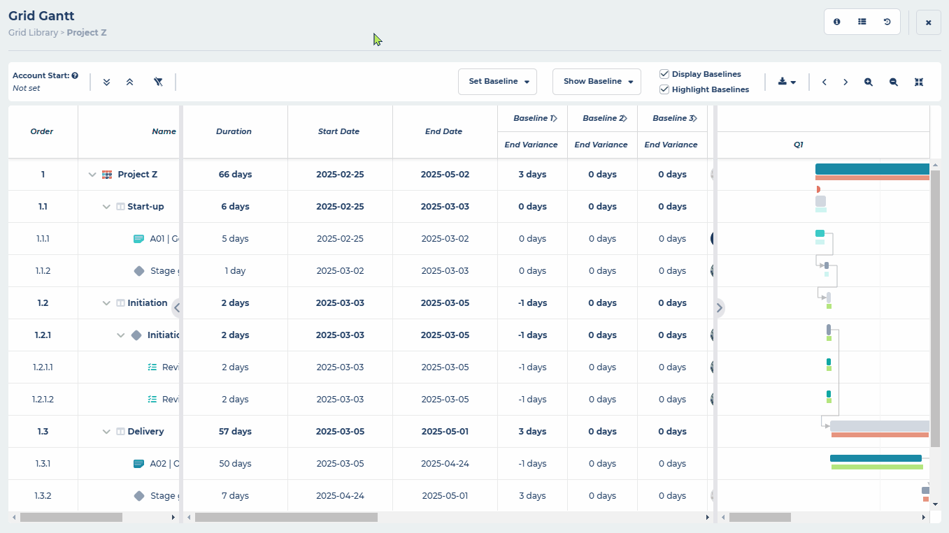 How do I display baselines in the Gantt chart?