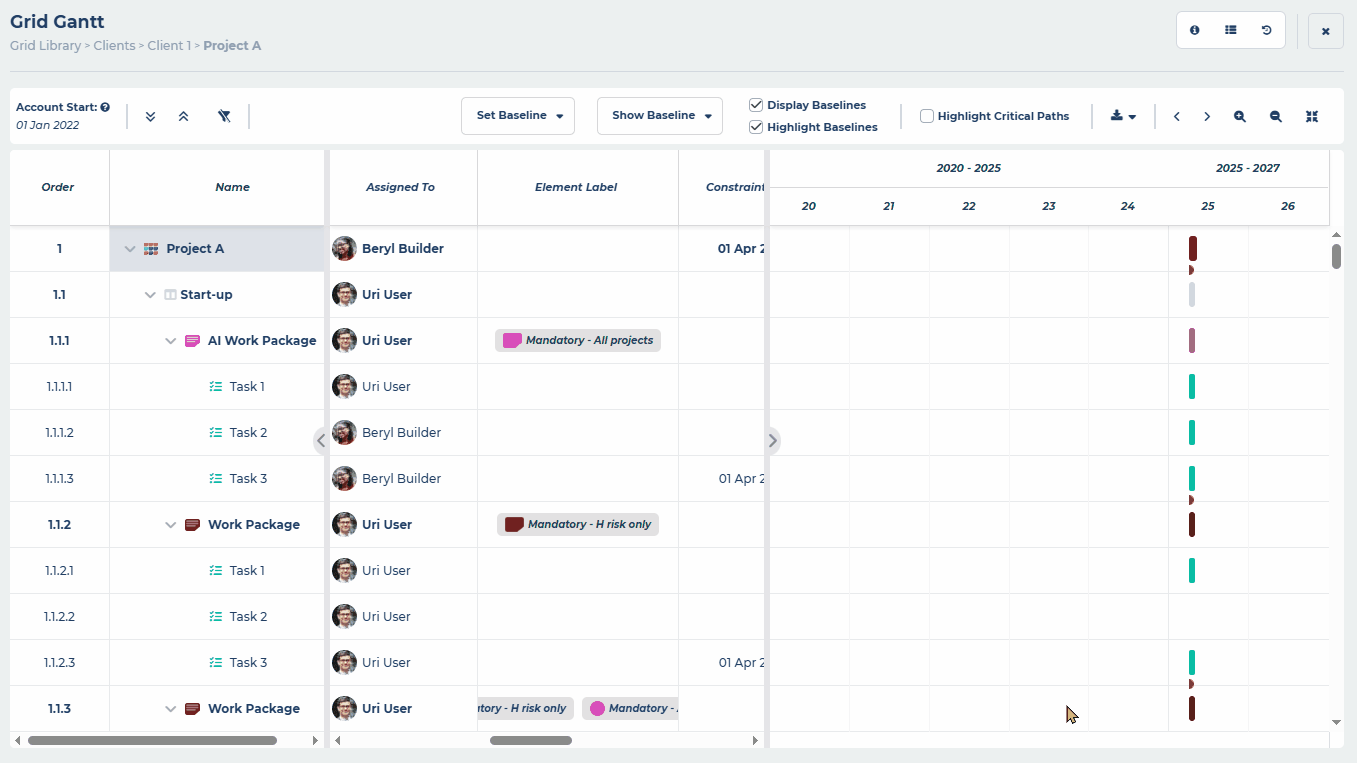 How do I assign team members to items in the Gantt chart?