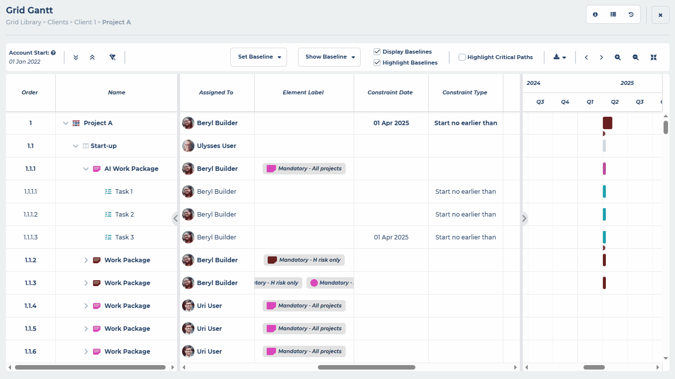 How do I assign team members to items in the Gantt chart?