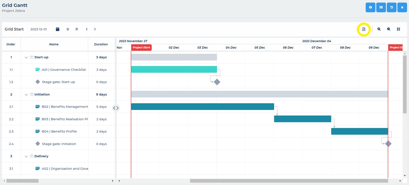 How do I export a Gantt chart as a PDF?