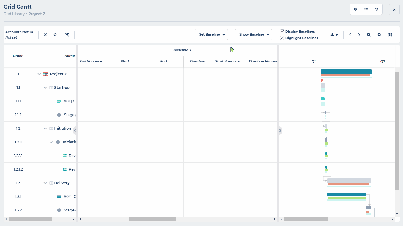 How do I set a baseline in a Gantt chart?